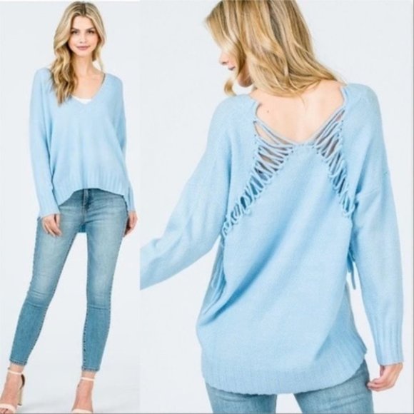 MODA ME COUTURE | Tops | Powder Blue Lace Back Sweater Top | Poshmark